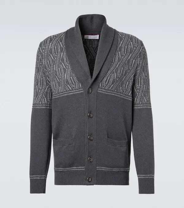 Brunello Cucinelli Jacquard Cotton Shawl Neck Cardigan - Grey