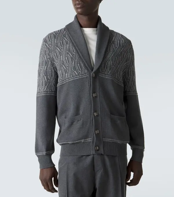 Brunello Cucinelli Jacquard Cotton Shawl Neck Cardigan - Grey
