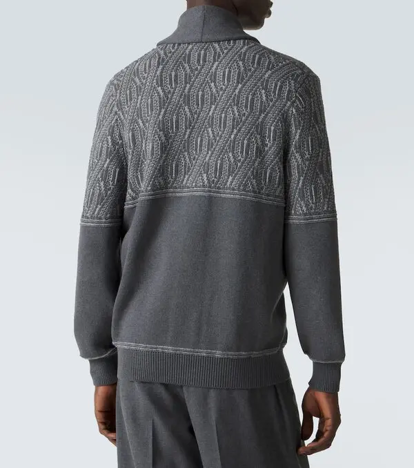 Brunello Cucinelli Jacquard Cotton Shawl Neck Cardigan - Grey