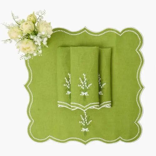 MRS. ALICE Lily Of The Valley Eloise Linen Napkins - Green