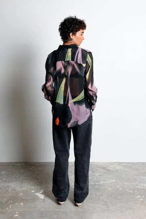 UNTITLED IN MOTION Kali Sheer Organza Long Sleeve Button-down - Shadow Iris