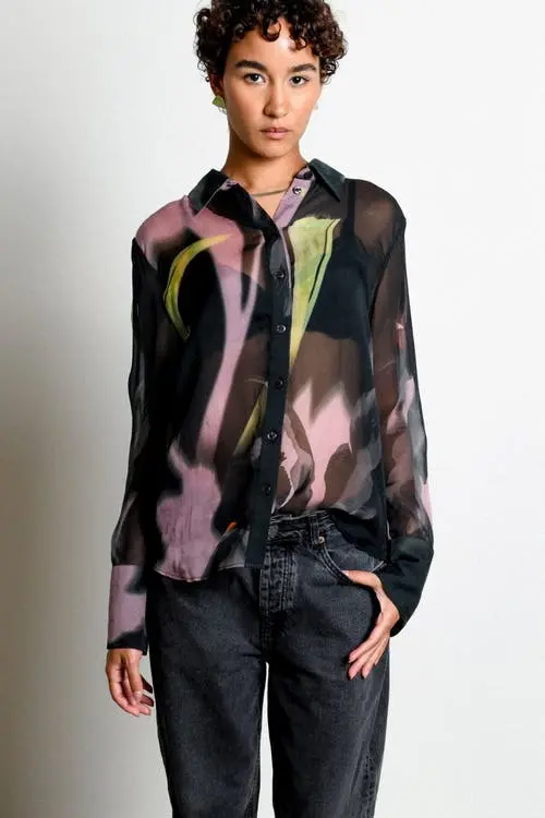 UNTITLED IN MOTION Kali Sheer Organza Long Sleeve Button-down - Shadow Iris
