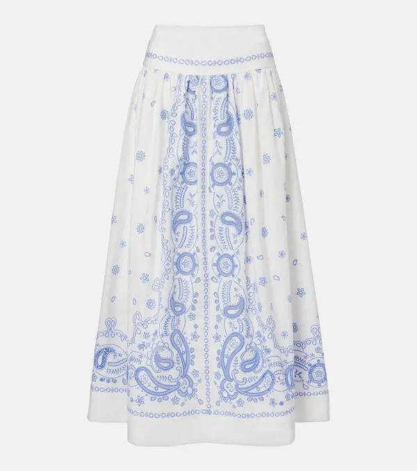 SELF-PORTRAIT Embroidered Cotton Midi Skirt - White