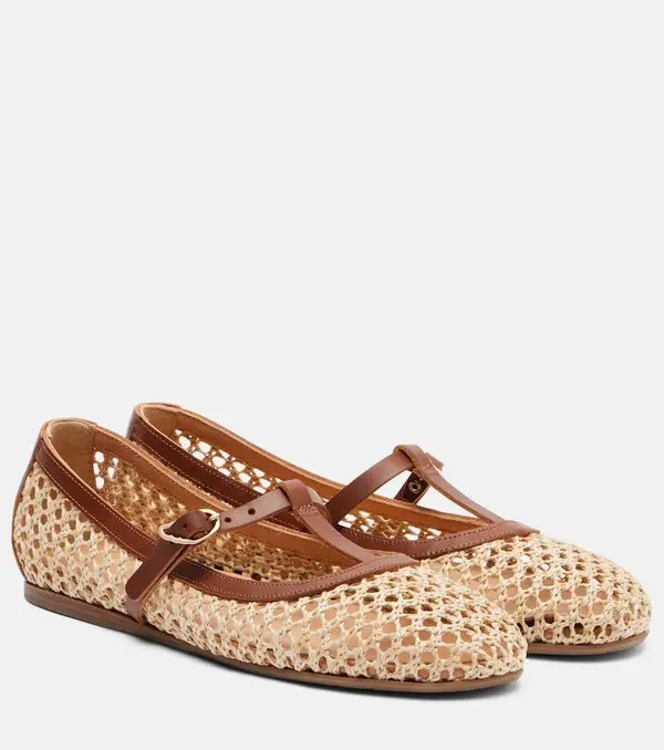 ANCIENT GREEK SANDALS Aerati Leather-trimmed Raffia Mary Jane Flats - Brown