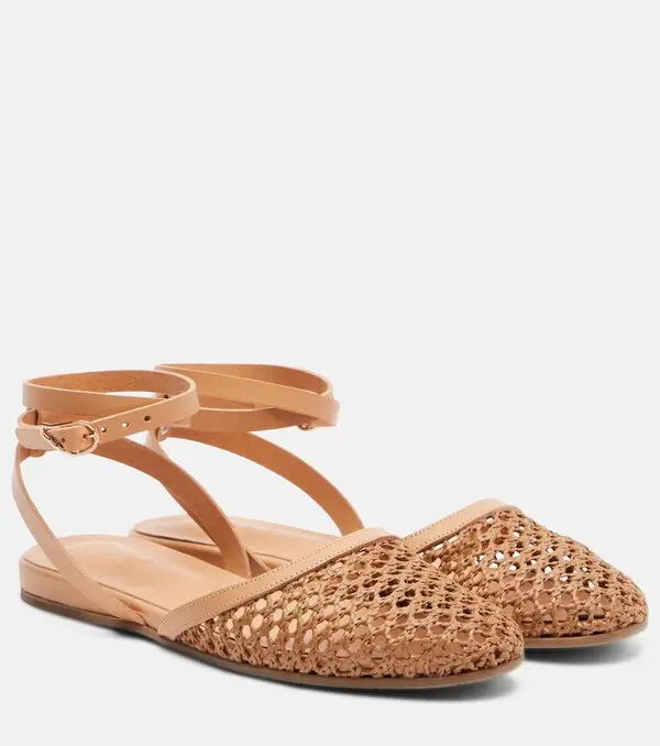 ANCIENT GREEK SANDALS Filothea Leather-trimmed Raffia Slingback Flats - Brown