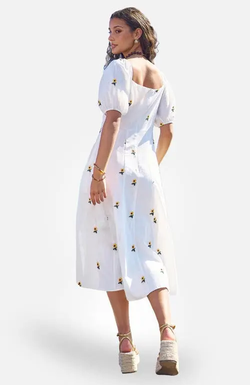 YUMI Cotton Sunflower Embroidered Midi Dress