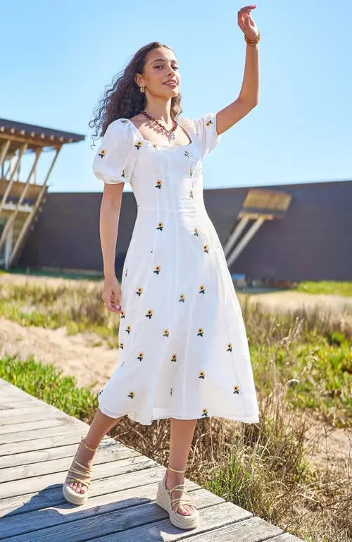 YUMI Cotton Sunflower Embroidered Midi Dress