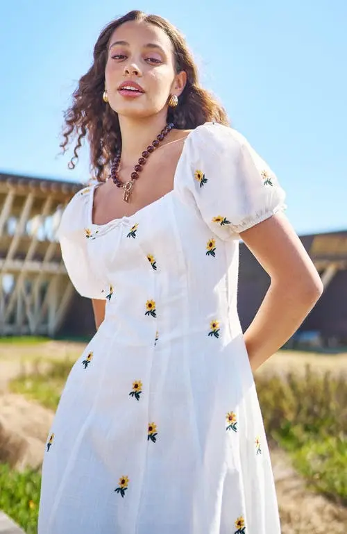 YUMI Cotton Sunflower Embroidered Midi Dress