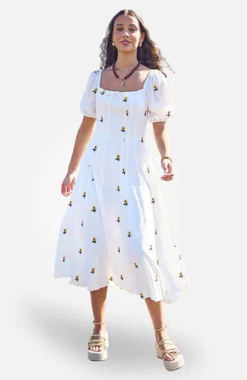 YUMI Cotton Sunflower Embroidered Midi Dress - White