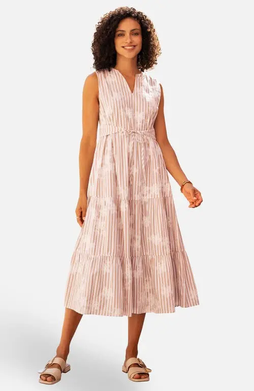 YUMI Striped Cotton Midi Dress With Floral Embroidery - Brown