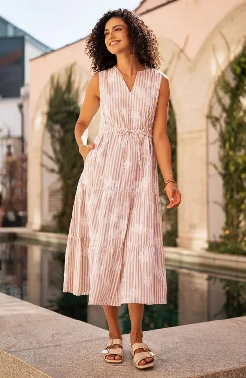 YUMI Striped Cotton Midi Dress With Floral Embroidery