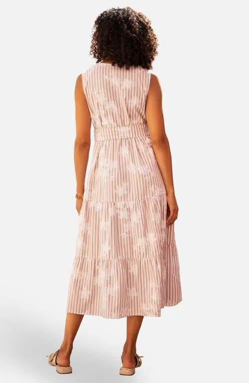 YUMI Striped Cotton Midi Dress With Floral Embroidery