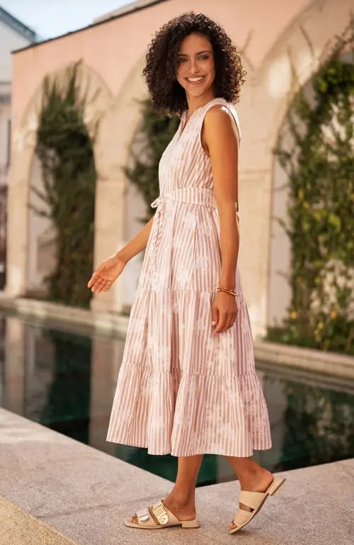YUMI Striped Cotton Midi Dress With Floral Embroidery
