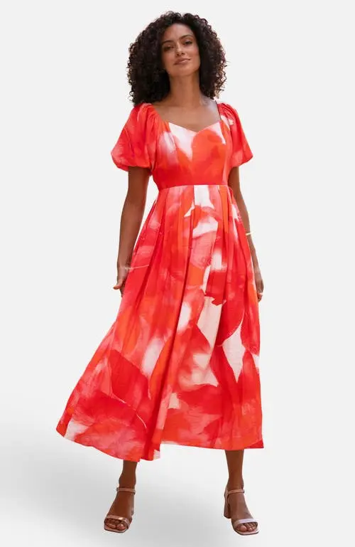 YUMI Floral Puff Sleeve Midi Dress - Red