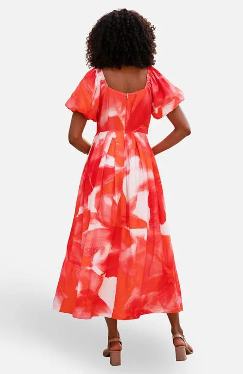 YUMI Floral Puff Sleeve Midi Dress