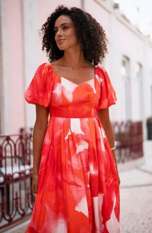 YUMI Floral Puff Sleeve Midi Dress