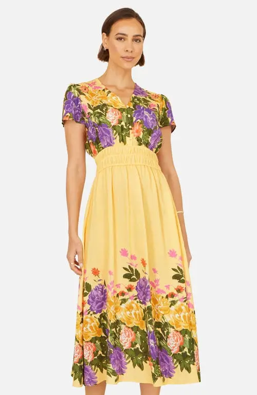 YUMI Floral Mirror Print Viscose Midi Dress - Butter Yellow