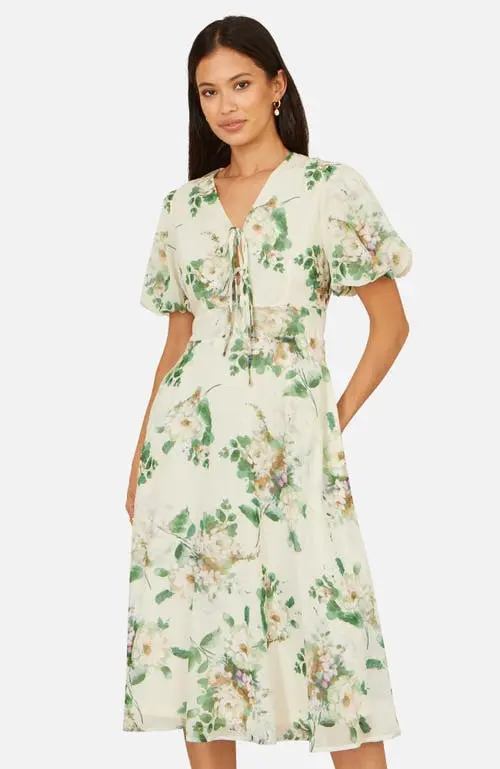YUMI Floral Front Tie Detail Tea Dress - Ivory