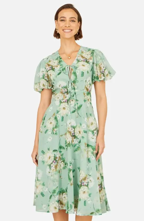 YUMI Floral Front Tie Detail Tea Dress - Mint Green