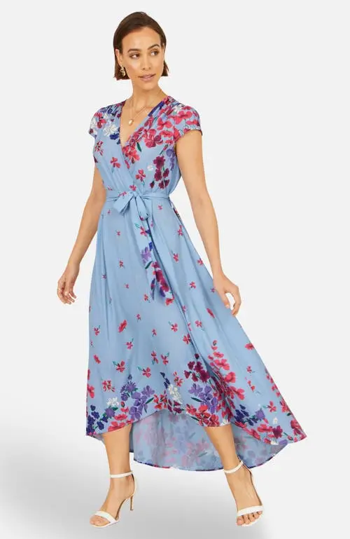 YUMI Floral Mirror Dip Hem Wrap Midi Dress
