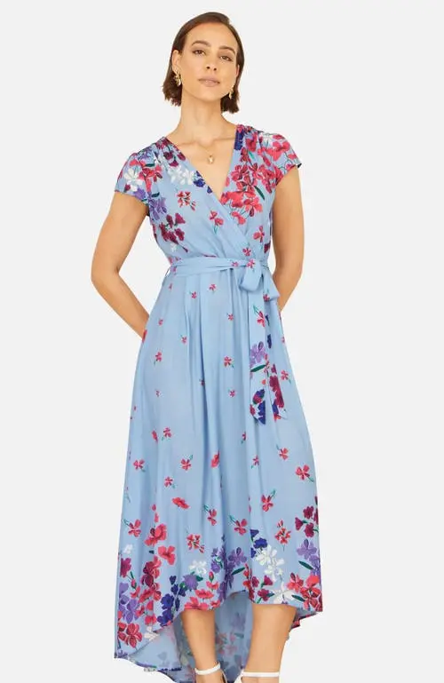 YUMI Floral Mirror Dip Hem Wrap Midi Dress