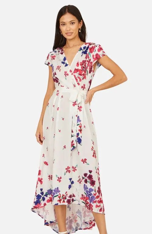 YUMI Floral Mirror Dip Hem Wrap Dress - Ivory