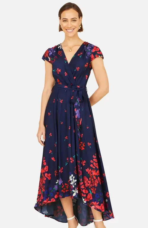 YUMI Floral Mirror Dip Hem Wrap Midi Dress - Navy