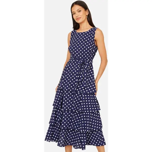 YUMI Spot Tiered Midi Dress - Navy
