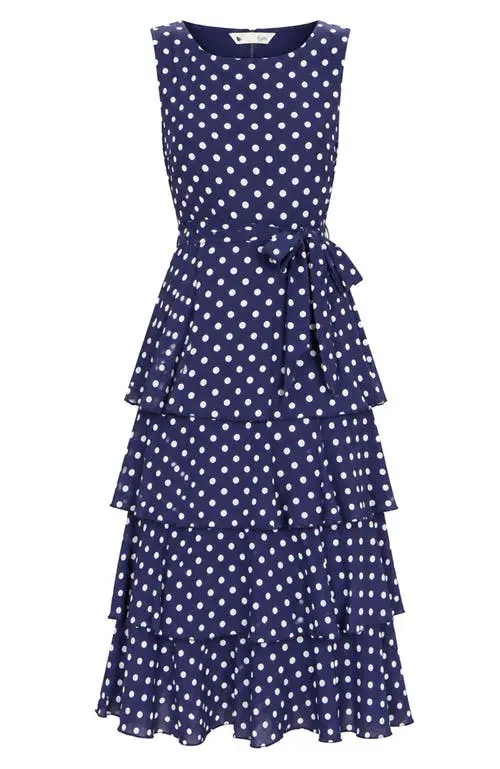 YUMI Spot Tiered Midi Dress - Navy