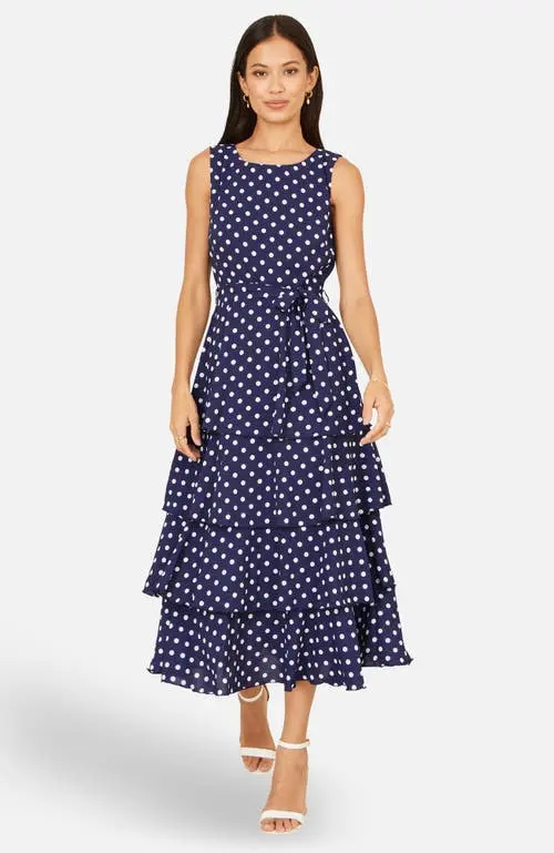 YUMI Spot Tiered Midi Dress - Navy