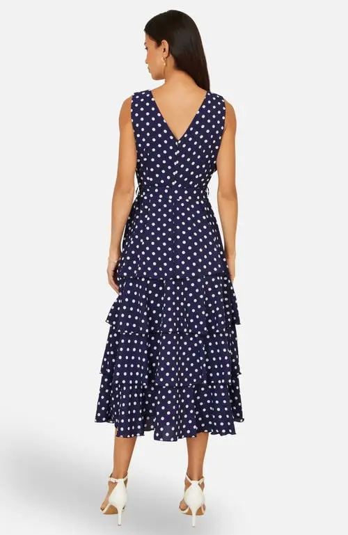 YUMI Spot Tiered Midi Dress - Navy