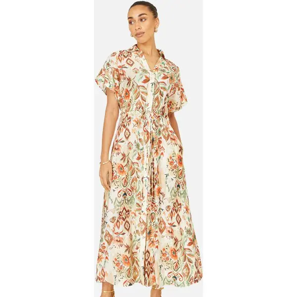 YUMI Relaxed Boho Print Maxi Shirt Dress - Ivory