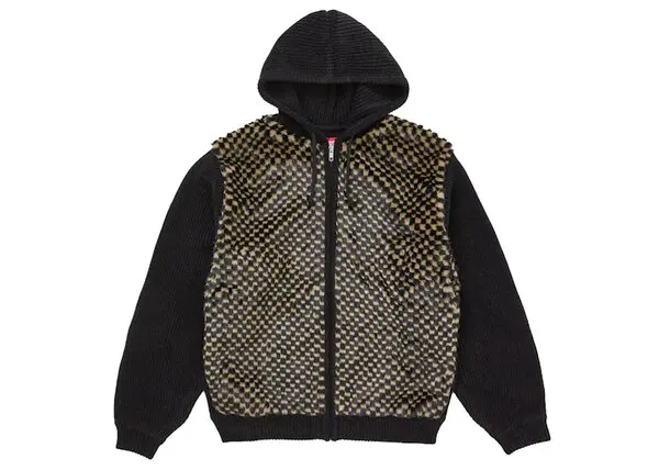 Supreme Checkerboard Faux Fur Zip Up Hooded Sweater - Black