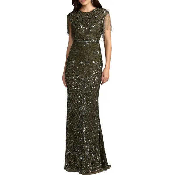 Mac Duggal Beaded Fringe High-neck Fitted Evening Gown - Olive