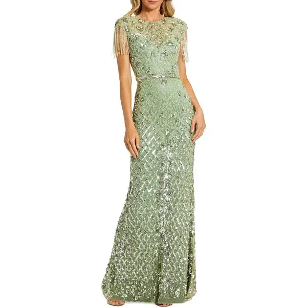Mac Duggal Beaded Fringe High-neck Fitted Evening Gown - Sage