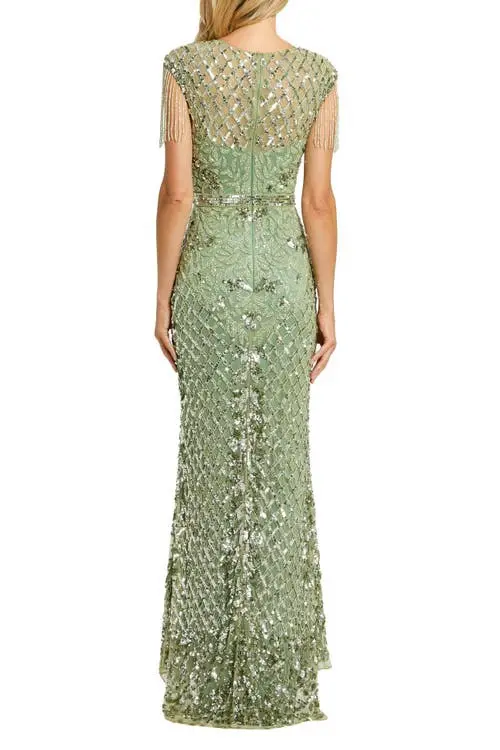 Mac Duggal Beaded Fringe High-neck Fitted Evening Gown