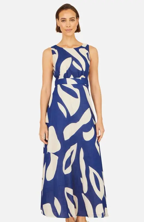 YUMI Cotton Abstract Print Maxi Dress - Navy