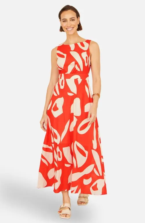 YUMI Cotton Abstract Print Maxi Dress - Orange