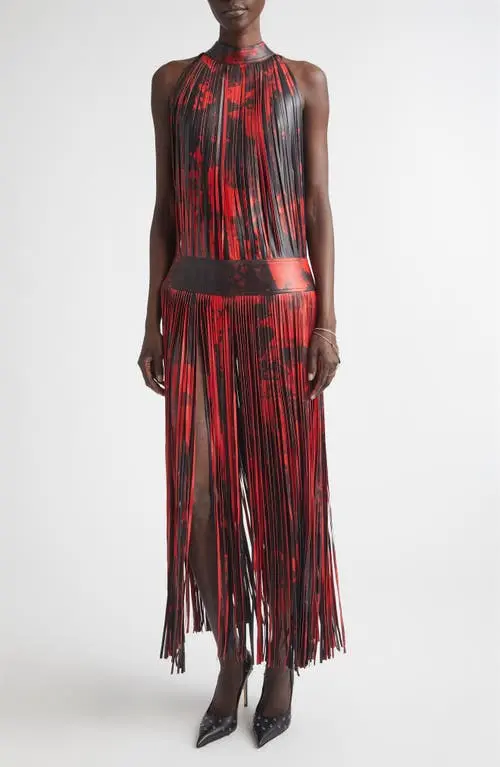 Alexander McQueen Floral Fringe Leather Maxi Dress - Black/red
