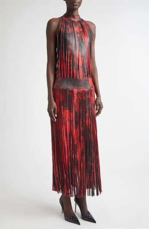 Alexander McQueen Floral Fringe Leather Maxi Dress - Black/red