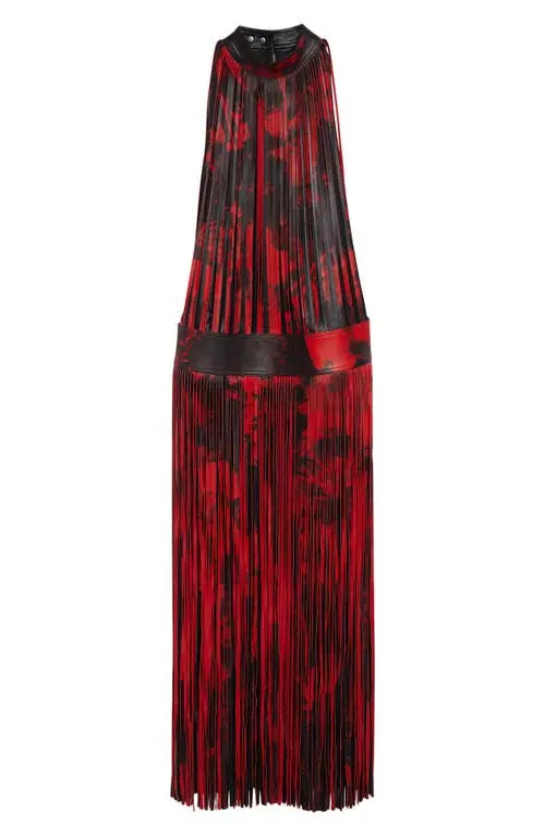 Alexander McQueen Floral Fringe Leather Maxi Dress - Black/red