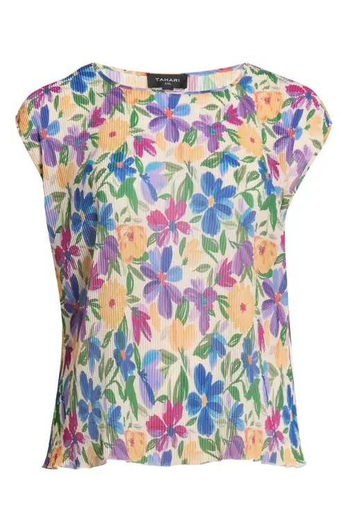 TAHARI ASL Floral Plissé Cap Sleeve Top - Sand Berry Floral