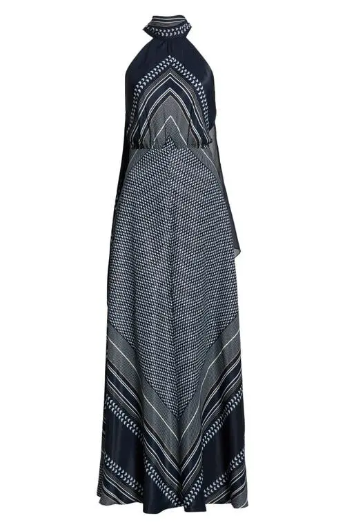 REISS Skylar High Neck Scarf Print Maxi Dress - Navy