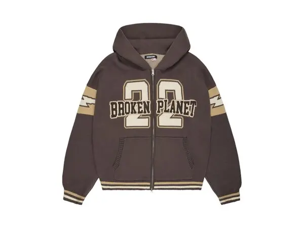 BROKEN PLANET Varsity Knit Zipup Hoodie - Chocolate Brown