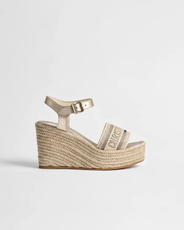 Dior Or Dway Wedge Sandal - Laminated Calfskin And Cotton Embroidered With Gold-tone Metallic Thread