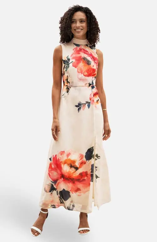 YUMI Floral High Neck Maxi Dress - Ivory