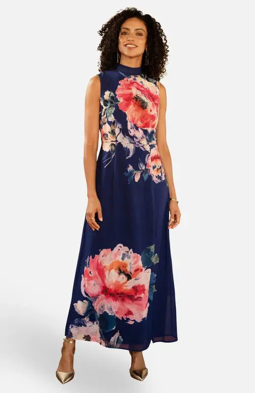 YUMI Flower High Neck Maxi Dress - Navy