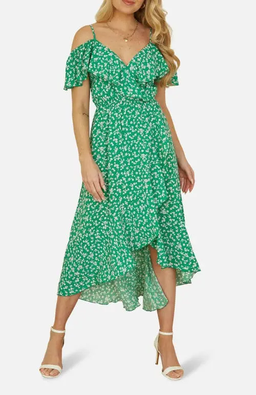 YUMI Ditsy Print Bardot Midi Dress