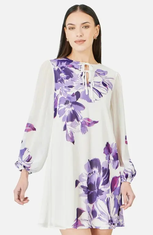 YUMI Keyhole Neck Floral Tunic Dress - Purple