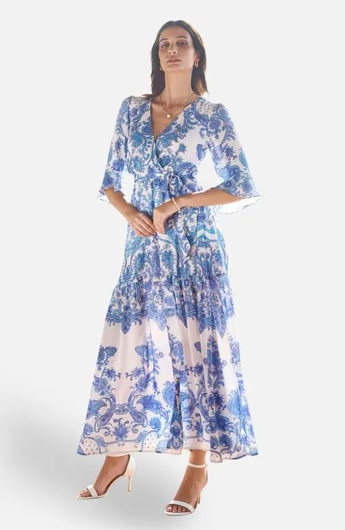 YUMI 3/4 Sleeve Paisley Wrap Midi Dress